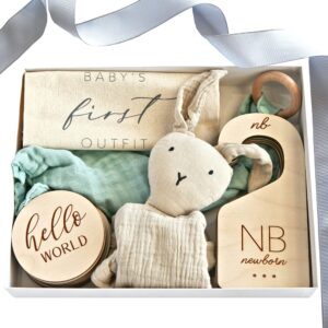 baby gift box - baby gift set including milestones set, baby closet dividers, bunny, teether+blankie and outfit keepsake (ultimate 5-pack gift set)…