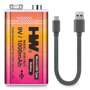 hw 9v li-ion rechargeable battery, 9 volt/1000mah(9000 mwh) long lasting rechargeable batteries with micro-usb, 1000 cycles charge, 1.5 hrs fast charging, led indicator, 1 pack