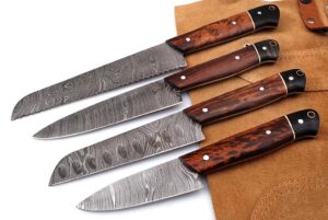 professional kitchen knife custom damascus steel chef knife 4 pcs of utility bbq knife| cutlery set with ross wood and buffalo horn handle with leather roll case, overall 8.5 -13 inches