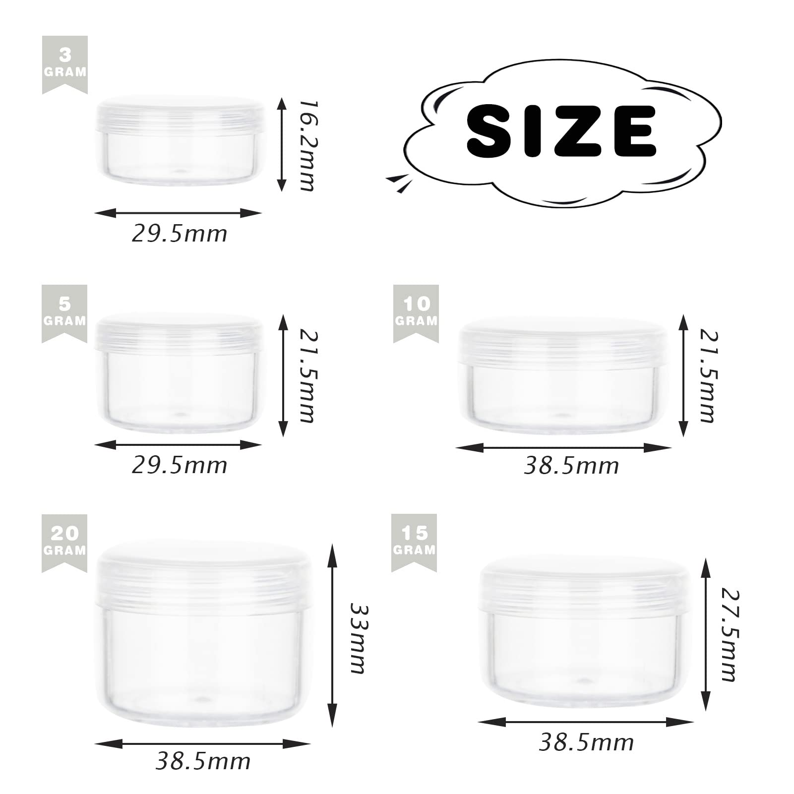 10 Pieces Small Travel Containers, 3/5/10/15/20 Gram Size Travel Jars, Cosmetic Travel Size Containers for Lotions and Creams, Plastic Sample Containers Jars with 12pcs Labels, 2pcs Mini Spatula