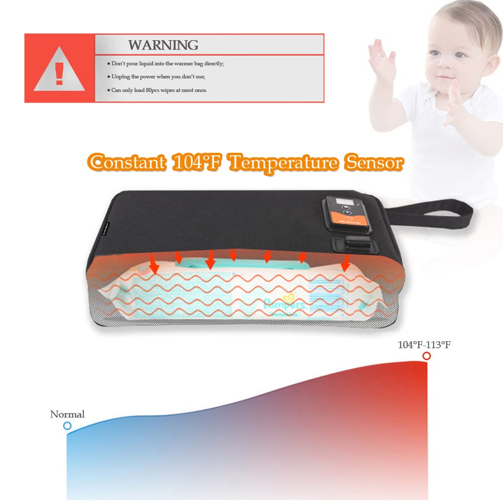 DURASIKO Portable USB Car Wipes Heater Warmer with Digital Display Screen,5V/10W Baby Wipes Thermostat Heating Bag,Heating Temperature Adjustable,Up to 80Pcs Wipes Capacity,for Car/Home/Travel/Camping