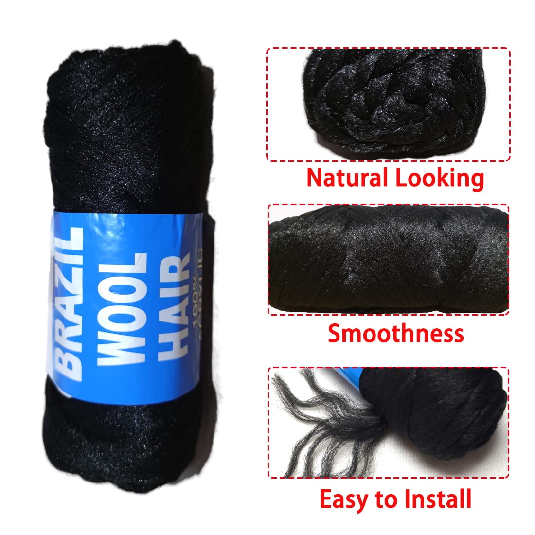 Brazilian Wool Hair Acrylic Yarn 100% for African Crochet Braid/Box Braids/Jumbo Braiding/Senegalese Twist/Faux Locs/Twist Wraps Synthetic Fiber Hair Extensions Natural Black Color