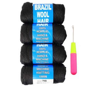 Brazilian Wool Hair Acrylic Yarn 100% for African Crochet Braid/Box Braids/Jumbo Braiding/Senegalese Twist/Faux Locs/Twist Wraps Synthetic Fiber Hair Extensions Natural Black Color