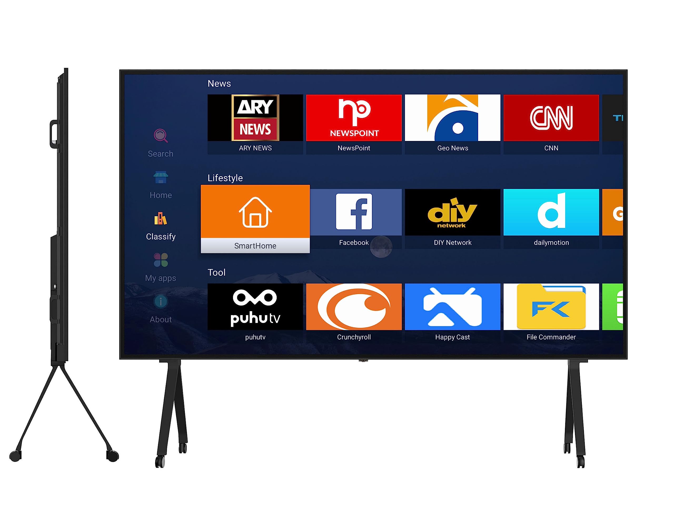 GTUOXIES 98 Inch 4K Movable Digital Signage TV Wide Screen, Home, Commercial with Built-in Speakers, Earphone, AV, Coaxial, Android, Full Array LED