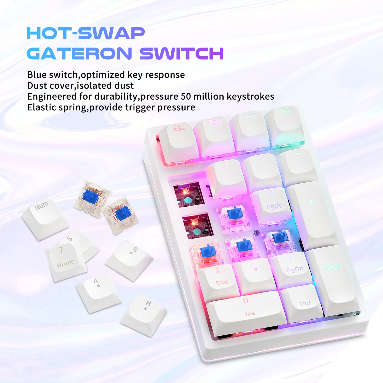 MOTOSPEED Mechanical Numeric Keypad Hot-Swap GATERON Switch Wired Gaming Keypad RGB Backlit PBT Keycap 21 Keys Mini Numpad Portable Keypad Extended Layout(Gateron Blue)