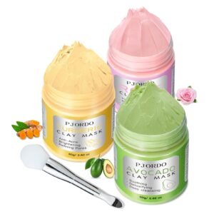 pjordo clay mask kit, turmeric vitamin c clay mask, avocado clay mask, rose clay mask, facial mask skin care set for deep cleansing reduce blackheads dark spots, 2.82 oz each