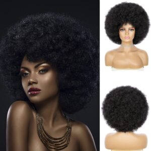 afro wig - soft afro wig 70s for women afro kinky curly hair wigs with bangs natural looking short afro curly wig for men bouncy black afro puff wig synthetic hair big afro wig for daily party use