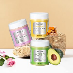 Pjordo Clay Mask Kit, Turmeric Vitamin C Clay Mask, Avocado Clay Mask, Rose Clay Mask, Facial Mask Skin Care Set for Deep Cleansing Reduce Blackheads Dark Spots, 2.82 Oz Each