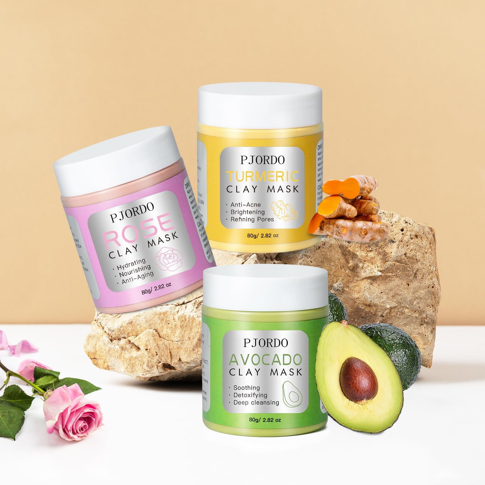 Pjordo Clay Mask Kit, Turmeric Vitamin C Clay Mask, Avocado Clay Mask, Rose Clay Mask, Facial Mask Skin Care Set for Deep Cleansing Reduce Blackheads Dark Spots, 2.82 Oz Each