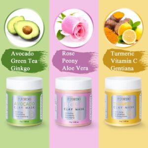 Pjordo Clay Mask Kit, Turmeric Vitamin C Clay Mask, Avocado Clay Mask, Rose Clay Mask, Facial Mask Skin Care Set for Deep Cleansing Reduce Blackheads Dark Spots, 2.82 Oz Each