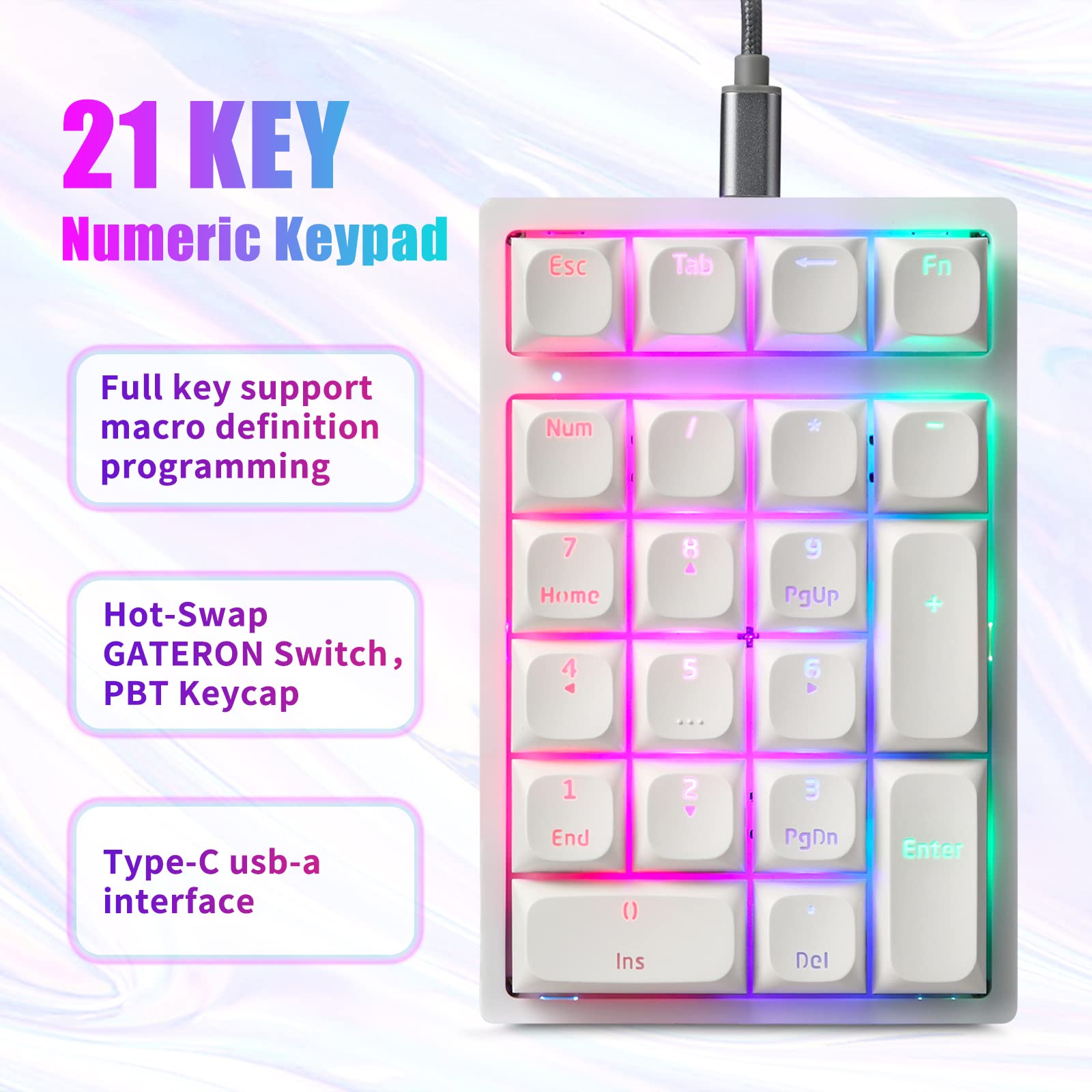 MOTOSPEED Mechanical Numeric Keypad Hot-Swap GATERON Switch Wired Gaming Keypad RGB Backlit PBT Keycap 21 Keys Mini Numpad Portable Keypad Extended Layout(Gateron Blue)