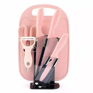 knife set of 7, professional stainless steel japanese kitchen knife set with cutting board and acrylic stand, non-stick coating cooking knife with gift box for women gifts (pink)