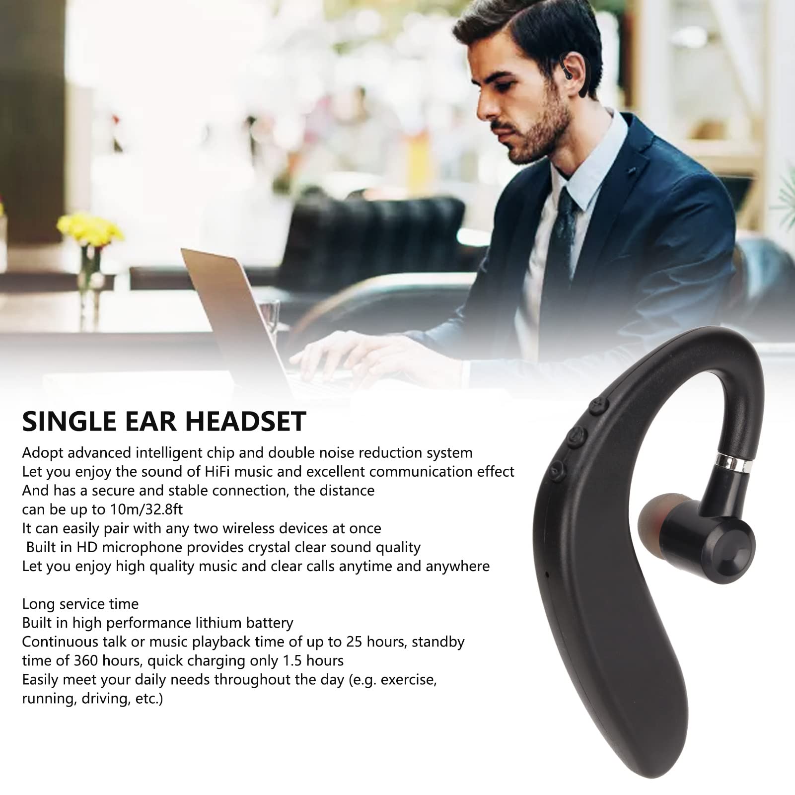 Bluetooth Headset,Bluetooth 5.2 Headset Waterproof Ultralight Hands Single Ear Business Earphone for Sport D