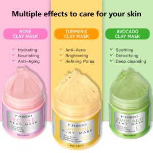 Pjordo Clay Mask Kit, Turmeric Vitamin C Clay Mask, Avocado Clay Mask, Rose Clay Mask, Facial Mask Skin Care Set for Deep Cleansing Reduce Blackheads Dark Spots, 2.82 Oz Each