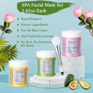 Pjordo Clay Mask Kit, Turmeric Vitamin C Clay Mask, Avocado Clay Mask, Rose Clay Mask, Facial Mask Skin Care Set for Deep Cleansing Reduce Blackheads Dark Spots, 2.82 Oz Each