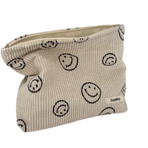 cosmetic bags for women - corduroy cosmetic bag aesthetic women handbags purses smile dots makeup organizer storage makeup bag girls case bags (beige)