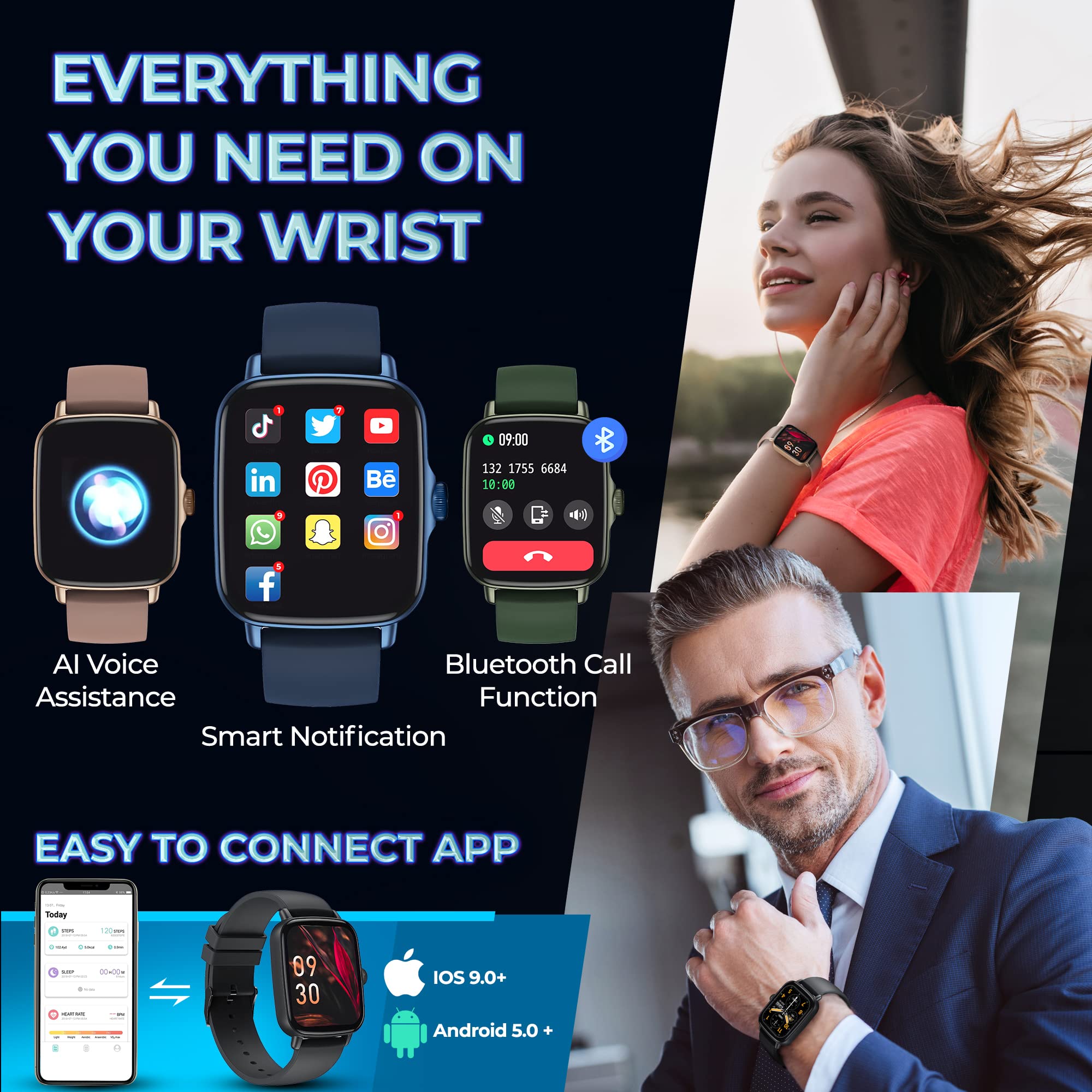 Inspiratek Smartwatch for Men & Women - Multi-Function Health Fitness Watch w/Accurate All- Day Sleep, Step & Heart Rate Monitoring - Waterproof IOS and Android Smart Watch for Women & Men (Black)