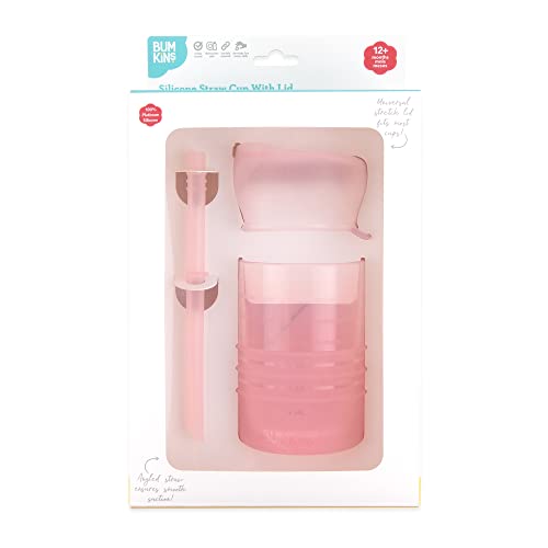 Bumkins Baby and Toddler Cups, Sippy Cup with Straw, Spill Proof, Transition Cup for Babies Ages 1 Year, Safely Sip from Lid, Straw or Cup, First Year Supplies, Platinum Silicone, Holds 7oz, Pink