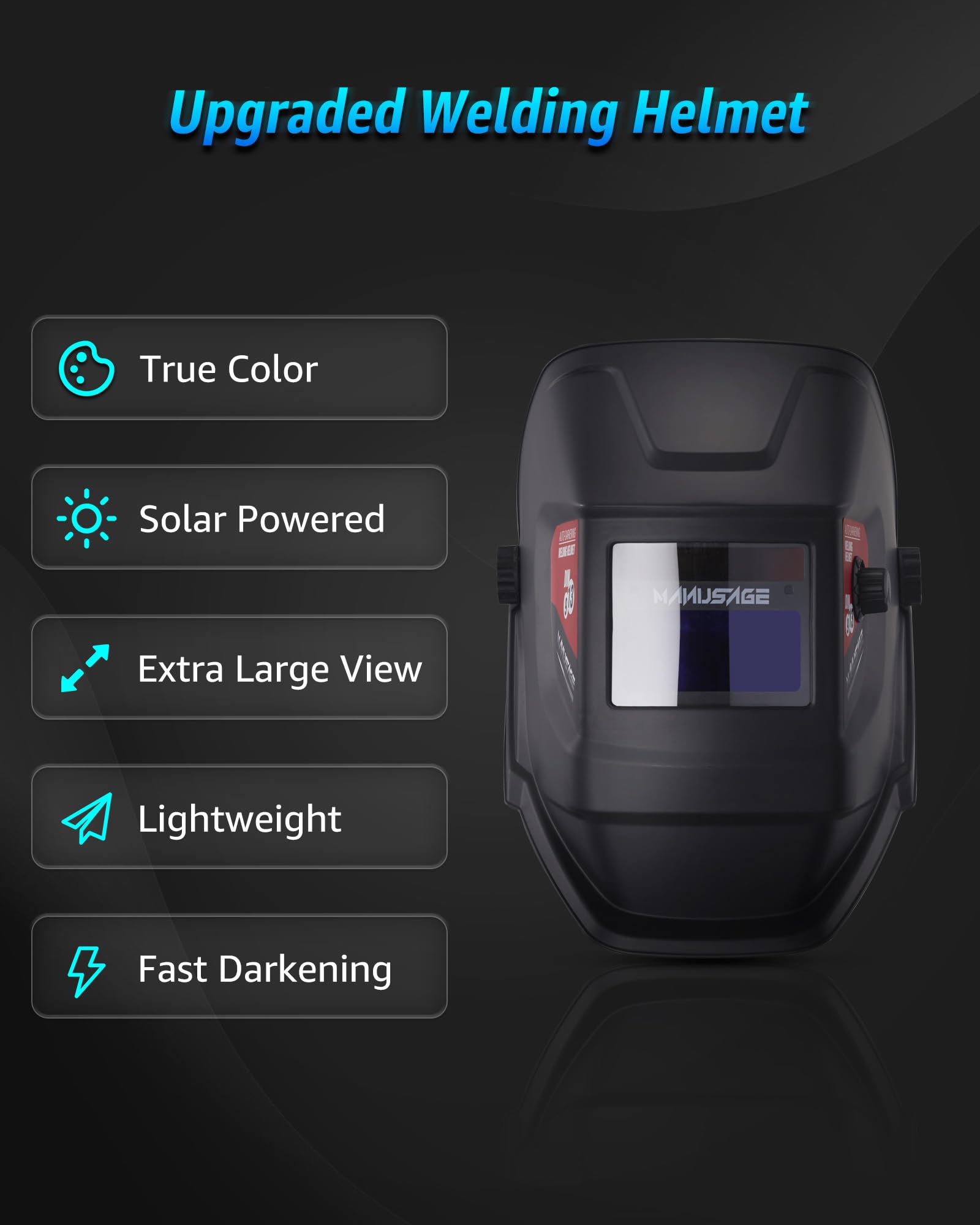 MANUSAGE Auto Darkening Welding Helmet for Men, Welding Hood Auto Darkening Has Dual Power Supply with Solar and Lithium Battery, Welding Mask True Color Shade 9-13 Ideal for Mig Tig ARC (M380SE)