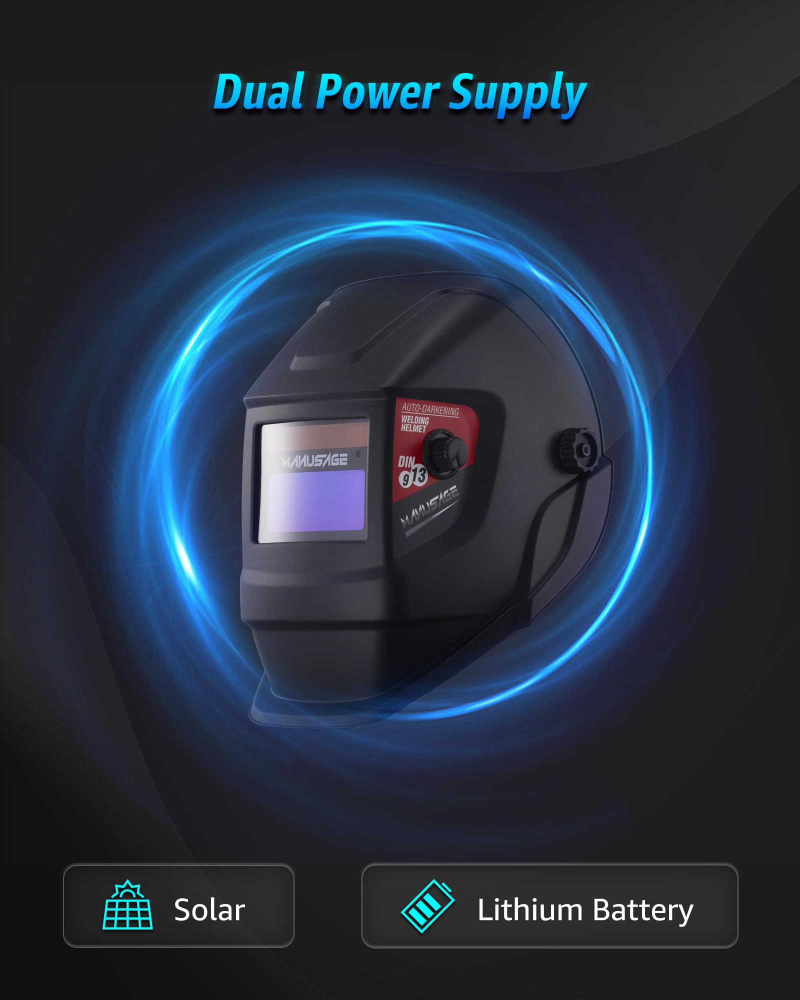 MANUSAGE Auto Darkening Welding Helmet for Men, Welding Hood Auto Darkening Has Dual Power Supply with Solar and Lithium Battery, Welding Mask True Color Shade 9-13 Ideal for Mig Tig ARC (M380SE)