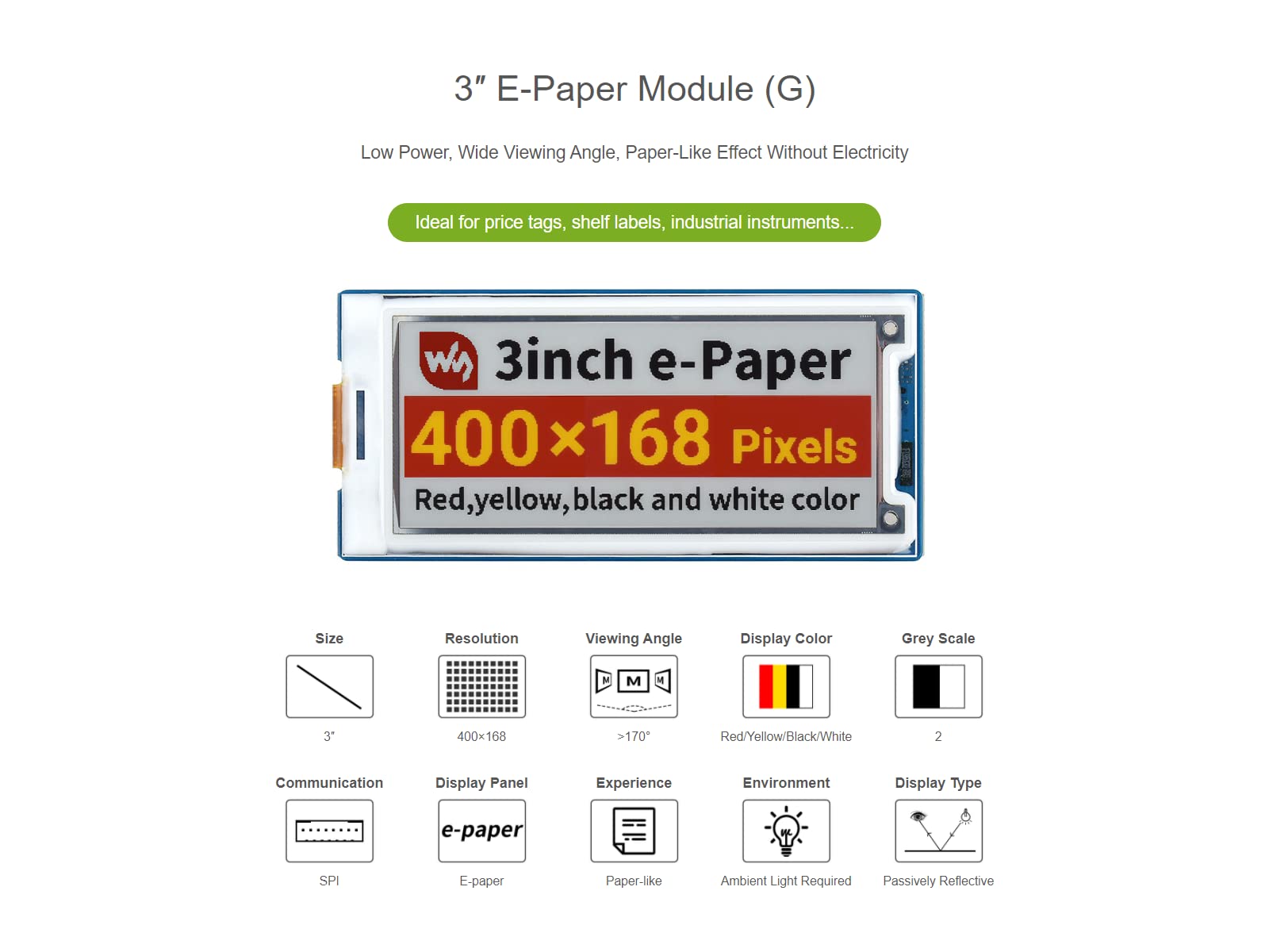 waveshare 3inch E-Paper Module (G) 400 × 168 Resolution e-Ink Display Red/Yellow/Black/White epaper Screen for Raspberry Pi 4B/3B+/3B/2B/B+/A+/Zero/Zero W/WH/Zero 2W,Jetson Nano/Arduino,SPI Interface