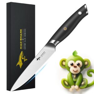 mad shark 5-inch compact paring knife - kitchen peeling knife ergonomic handle, sharp utility knife for fruits,vegetables and more - forged synergy by german military grade composite steel, black