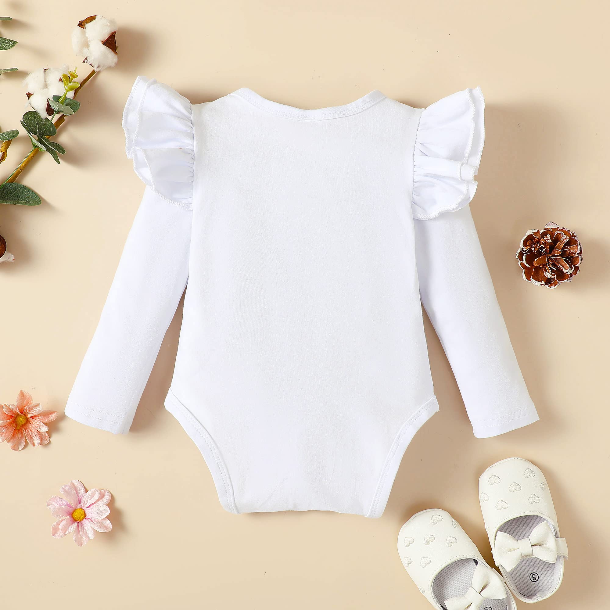 LYSMuch Baby Girls Ruffle Long Sleeve Bodysuit Infant Solid Color Top Jumpsuit Clothes(White,9-12Months)