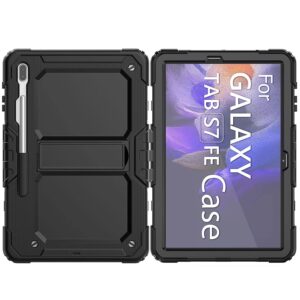 saharacase - defense series case cover for samsung galaxy tab s7 fe (2021) and tab s8 plus (2022) [shockproof bumper] rugged full screen protection integrated kickstand antislip cover - black