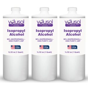 volu-sol isopropyl alcohol 99% (isopropanol) - high purity, usp | kosher ipa for lab equipment, electronics, & medical cleaning - clear bottle, 1l/ 32 oz. (3 pack)