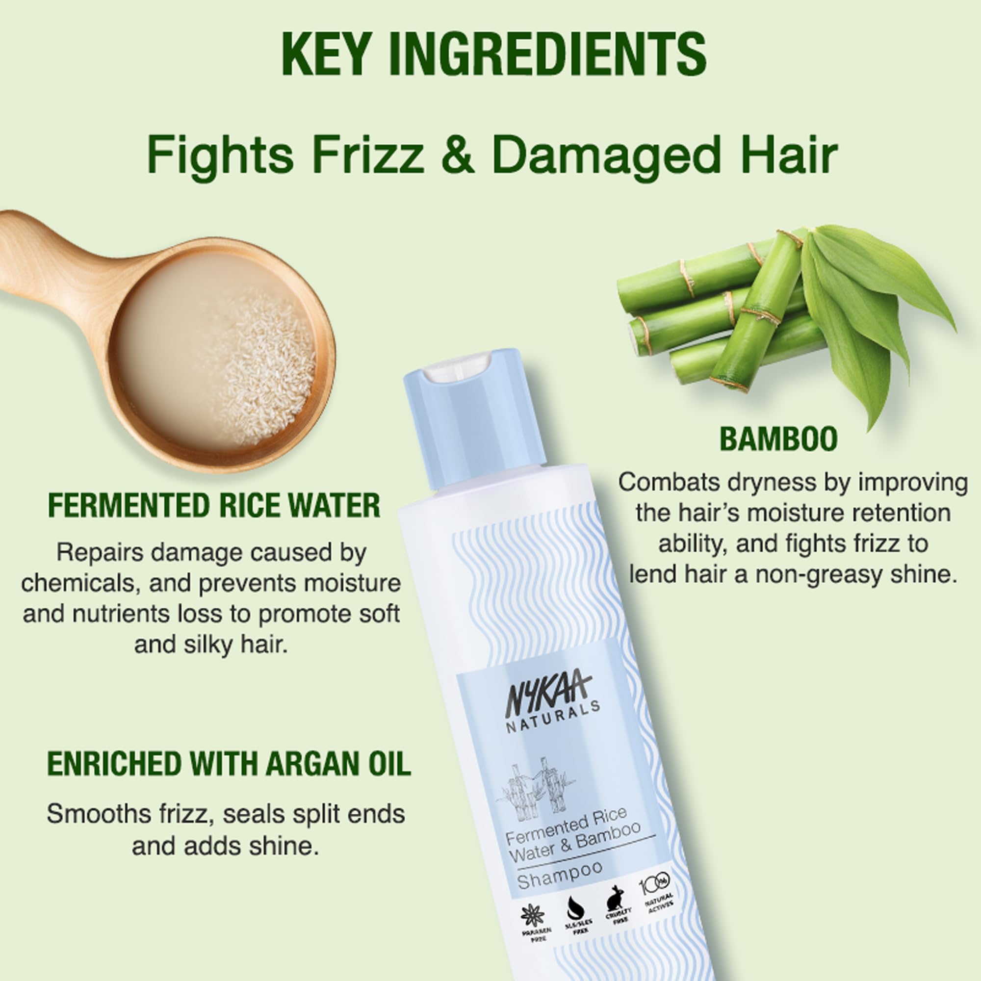 Nykaa Naturals Shampoo, Fermented Rice Water and Bamboo, 13.52 oz - Gentle Cleanser - Restores Dry, Damaged, Frizzy Hair - Provides Intense Hydration