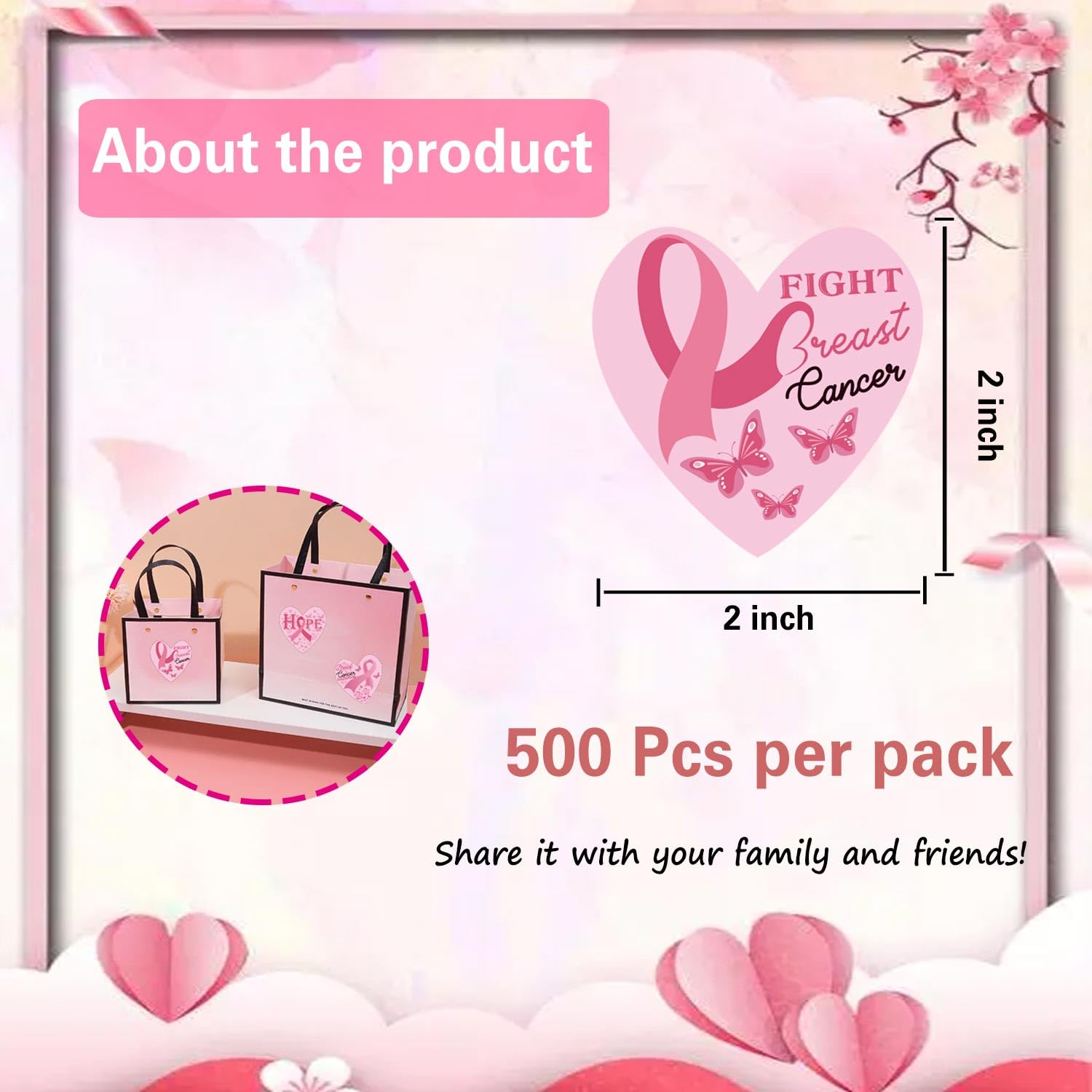 Breast Cancer Awareness Stickers 2 Inch Pink Heart Shaped Official Breast Cancer Hope Sticker for Women Girls,Charity Public Fundraising Favors Party Supplies 500 Pcs