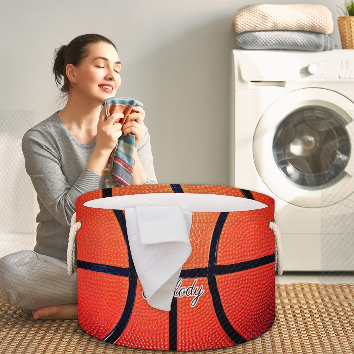 Sport Basketball Personalized Extra Large Baskets for Blanket Storage, Basketball Print Storage Basket Bins Living Room Baby Toy Nursery Laundry Basket Big Round Basket