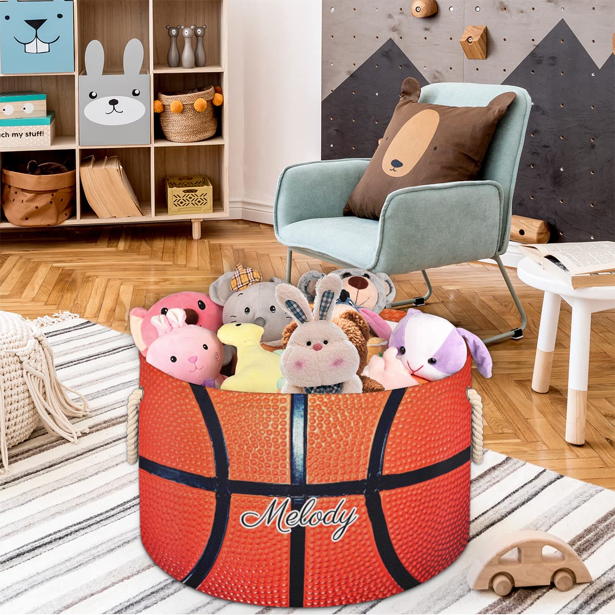 Sport Basketball Personalized Extra Large Baskets for Blanket Storage, Basketball Print Storage Basket Bins Living Room Baby Toy Nursery Laundry Basket Big Round Basket