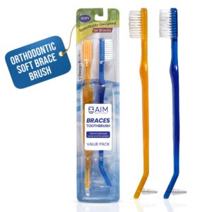 aim dental supply toothbrush for braces, soft head braces toothbrush, v trimmed design 2-pack | quick orthodontic cleaning | deep clean braces at home (pack of 2)