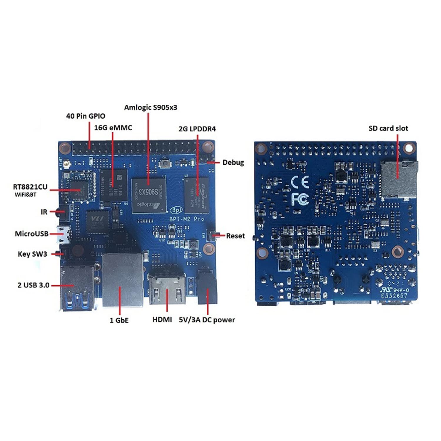 WayPonDEV Banana Pi BPI-M2 Pro Amlogic S905X3 Soc Quad Core Single Borad Computer onboard RT8821CU Wi-Fi & BT with 2GB LPDDR4 and 16GB eMMC Storage Support Android and Linux