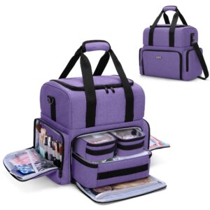 BAFASO 2 Layers Large Travel Makeup Bag with 3 Inner Removable Pouches, Hair Bag Cosmetic Bag Tattoo Carrying Case with Detachable Dividers (Patented), Purple