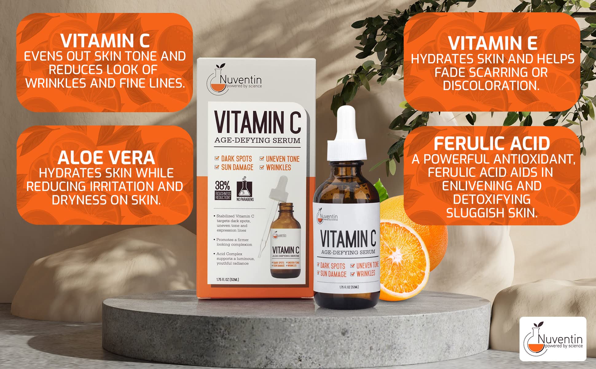 Nuventin Pure Vitamin C Facial Serum Skin Care Anti-Aging Moisturizer Vitamin C Face Booster W/Antioxidants For Dry Skin, Age Spots, Sun Damaged Skin, Wrinkle Repair, & Uneven Skin Tone, 1.75 Fl Oz