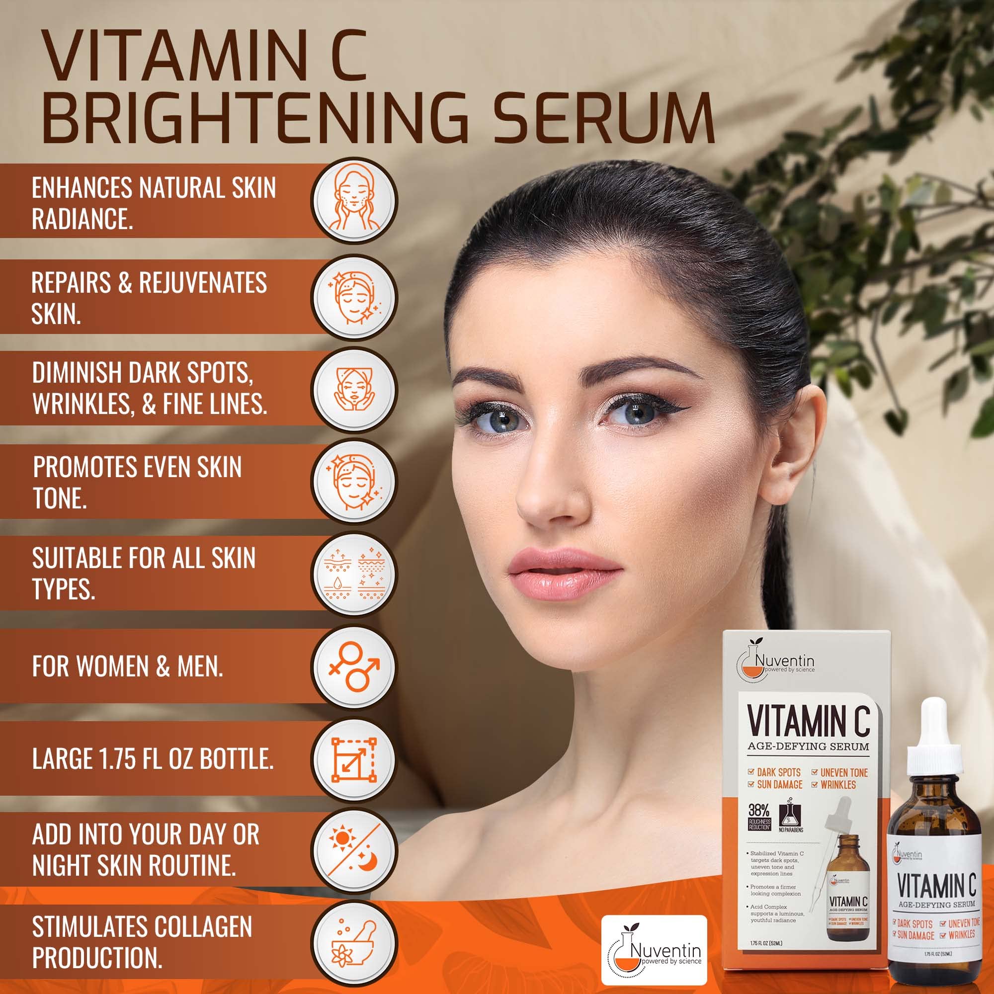 Nuventin Pure Vitamin C Facial Serum Skin Care Anti-Aging Moisturizer Vitamin C Face Booster W/Antioxidants For Dry Skin, Age Spots, Sun Damaged Skin, Wrinkle Repair, & Uneven Skin Tone, 1.75 Fl Oz