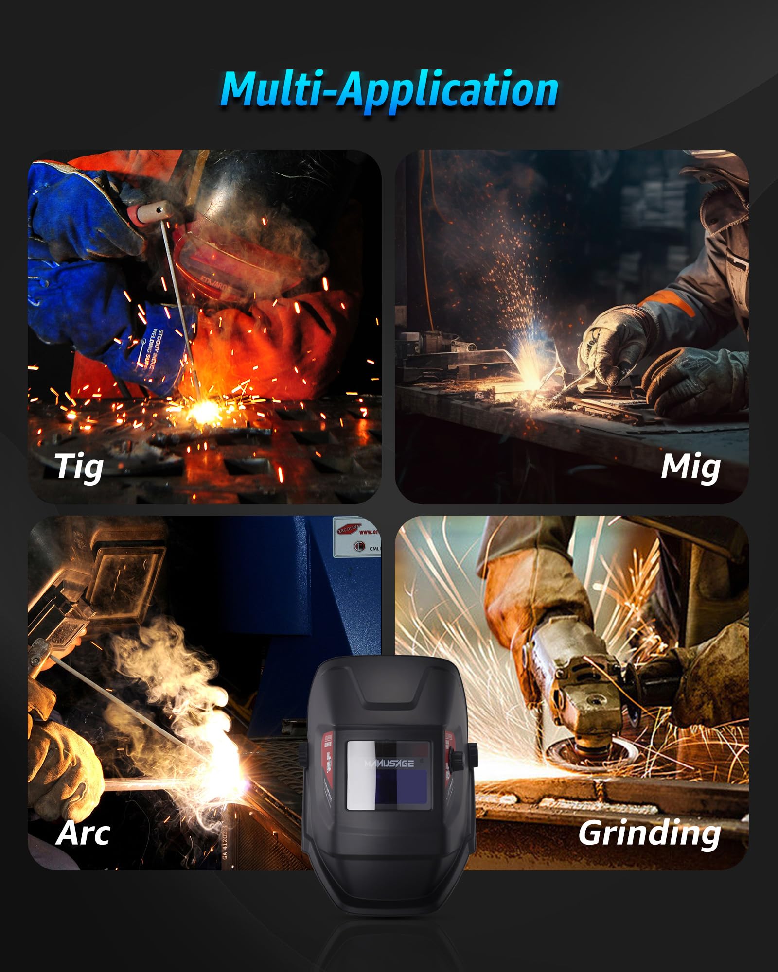 MANUSAGE Auto Darkening Welding Helmet for Men, Welding Hood Auto Darkening Has Dual Power Supply with Solar and Lithium Battery, Welding Mask True Color Shade 9-13 Ideal for Mig Tig ARC (M380SE)