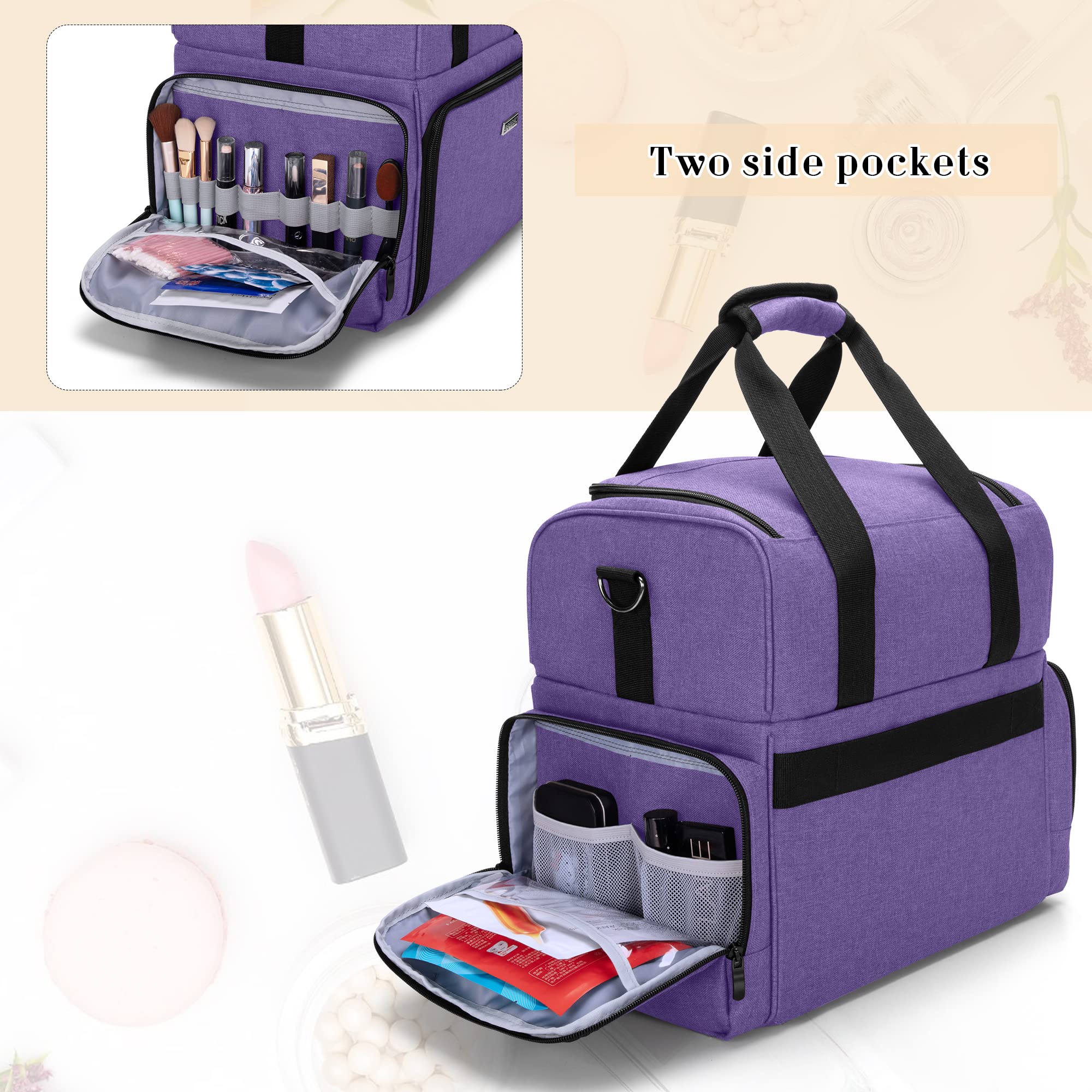 BAFASO 2 Layers Large Travel Makeup Bag with 3 Inner Removable Pouches, Hair Bag Cosmetic Bag Tattoo Carrying Case with Detachable Dividers (Patented), Purple