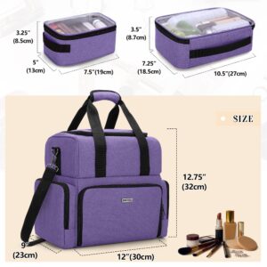 BAFASO 2 Layers Large Travel Makeup Bag with 3 Inner Removable Pouches, Hair Bag Cosmetic Bag Tattoo Carrying Case with Detachable Dividers (Patented), Purple