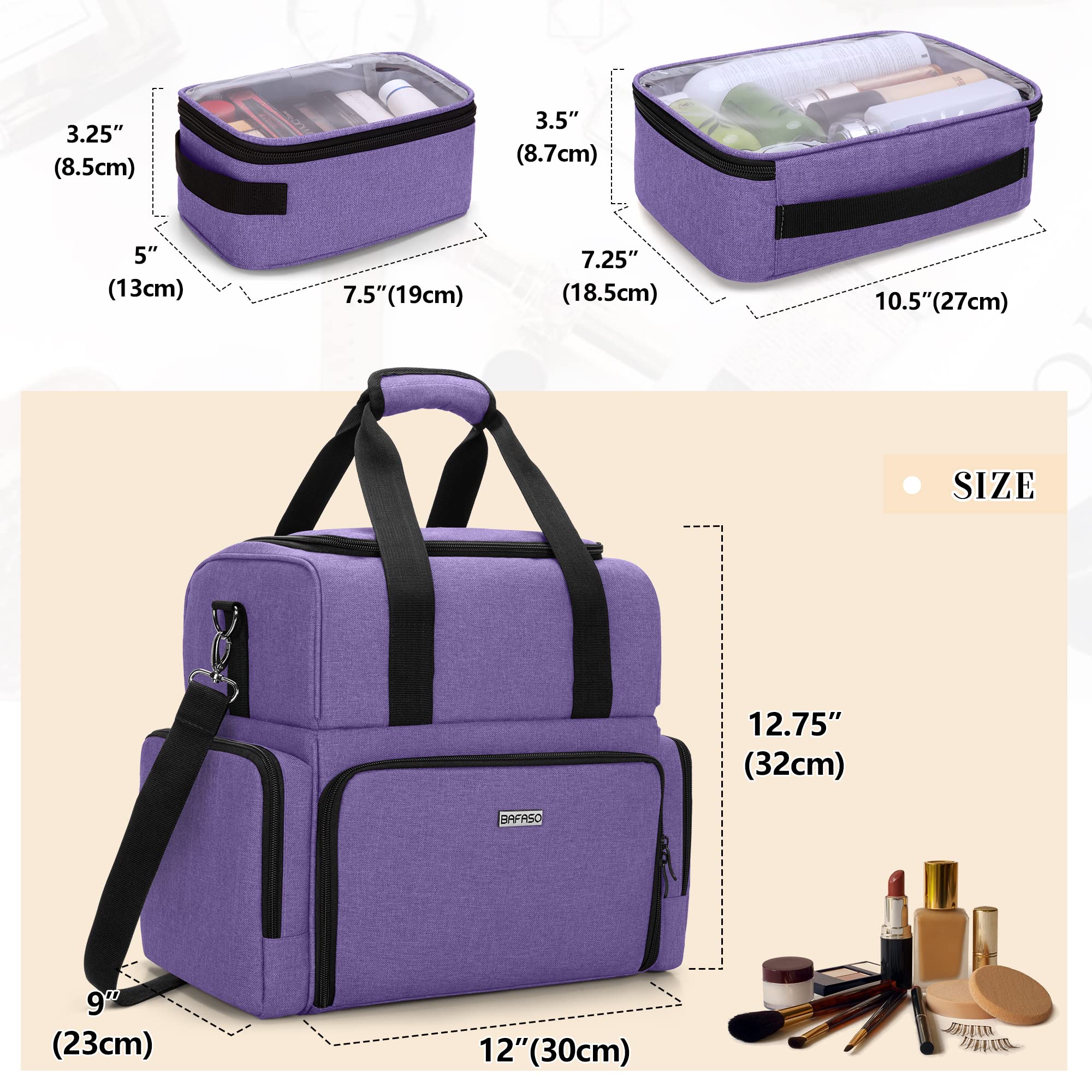 BAFASO 2 Layers Large Travel Makeup Bag with 3 Inner Removable Pouches, Hair Bag Cosmetic Bag Tattoo Carrying Case with Detachable Dividers (Patented), Purple