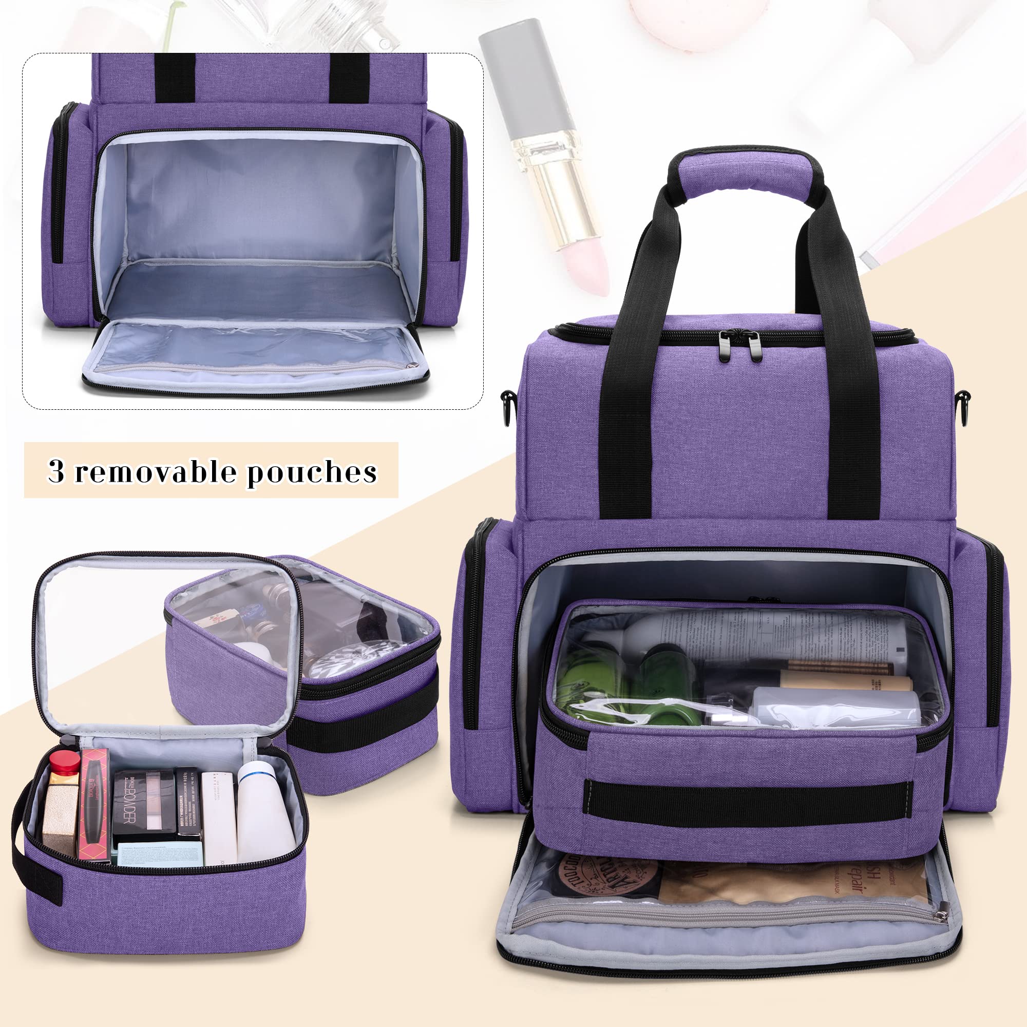 BAFASO 2 Layers Large Travel Makeup Bag with 3 Inner Removable Pouches, Hair Bag Cosmetic Bag Tattoo Carrying Case with Detachable Dividers (Patented), Purple