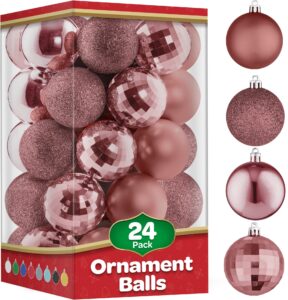 christmas ornaments set of 24 - beautiful [rose-gold] christmas tree decorations ornaments set - 4 styles glitter/matte/mirror/shiny - shatterproof/pre-strung, for holiday/party/decorations/diy (1.5")