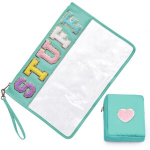 bagmind large chenille letter bag, 2 pcs preppy stuff clear bag, pu waterproof snack makeup sunscreen bag travel cosmetic pouch, gift for women girls