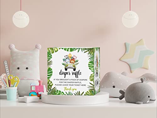 Diaper Raffle Tickets and Advice Cards For Baby Shower - 1 Card Collection Box & 50 Tickets, Jungle Animal Baby Shower Card Box, Party FavorsDecorationsSupplies, Game Kit, 8" Card Box -009BOX