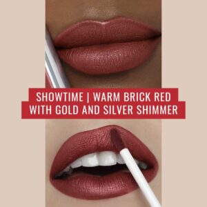 Runway Rogue Pearl Glam Long Wear Shimmer Liquid Lipstick, Warm Brick-Red Lipstick with Silver and Gold Shimmer, ‘Showtime’