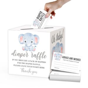 diaper raffle tickets and advice cards for baby shower - 1 card collection box & 50 tickets, elephant baby shower card box, party favorsdecorationssupplies, game kit, 8" card box -001box