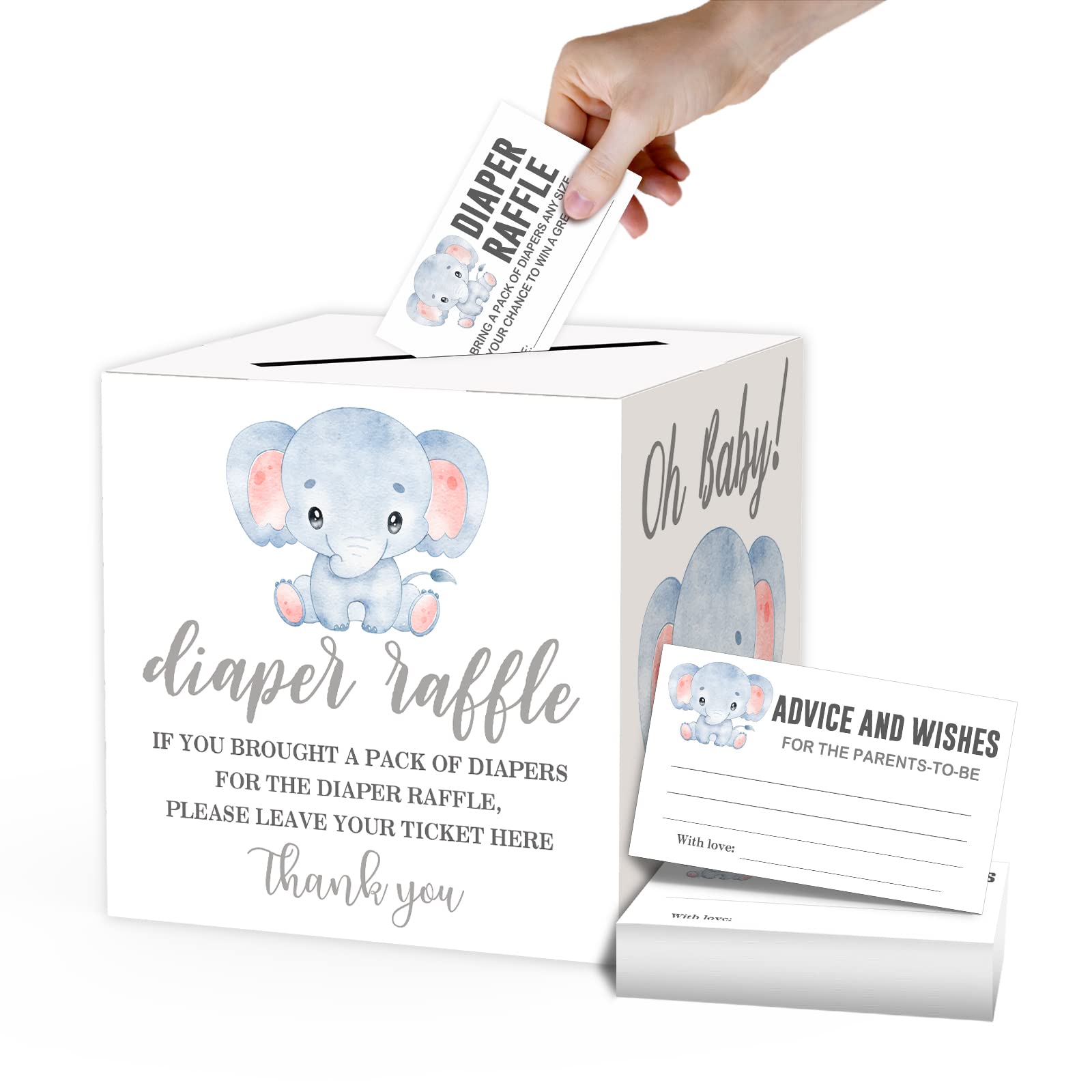 Diaper Raffle Tickets and Advice Cards for Baby Shower - 1 Card Collection Box & 50 Tickets, Elephant Baby Shower Card Box, Party FavorsDecorationsSupplies, Game Kit, 8" Card Box -001BOX