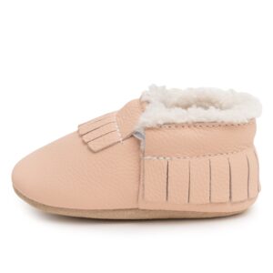 birdrock baby sherpa moccasins - cozy, genuine leather winter shoes for boys and girls (desert rose, us 6.5)